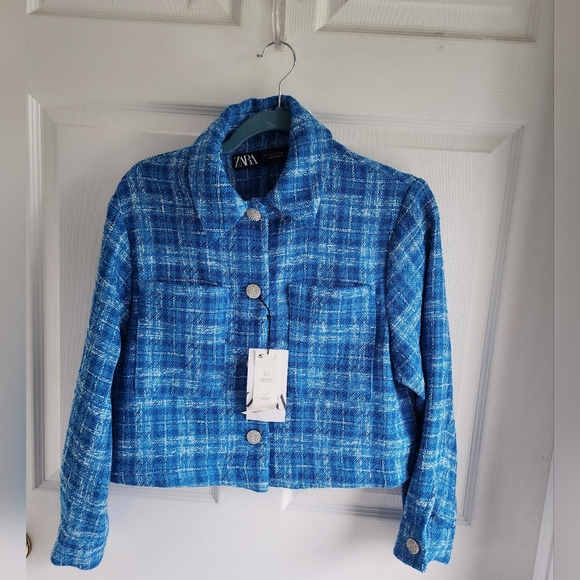 Zara | Jackets & Coats | Zara Azure Blue Plaid Boxy Jacket With ...